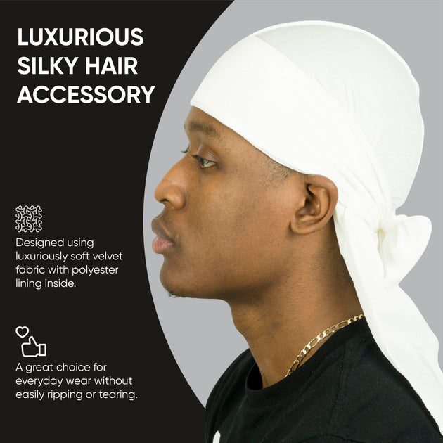 Roman-T Premium Velvet Durag - Long and Wide Tails - White